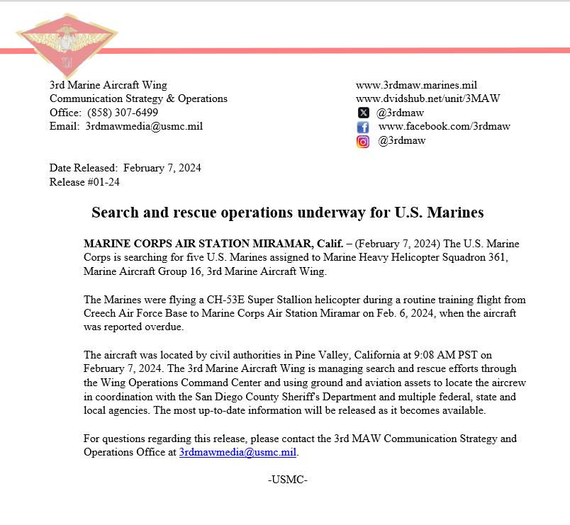 Search Is On For Missing Marine Corps CH-53E Super Stallion (Updated)