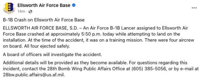 B-1B Bomber Crashes In South Dakota