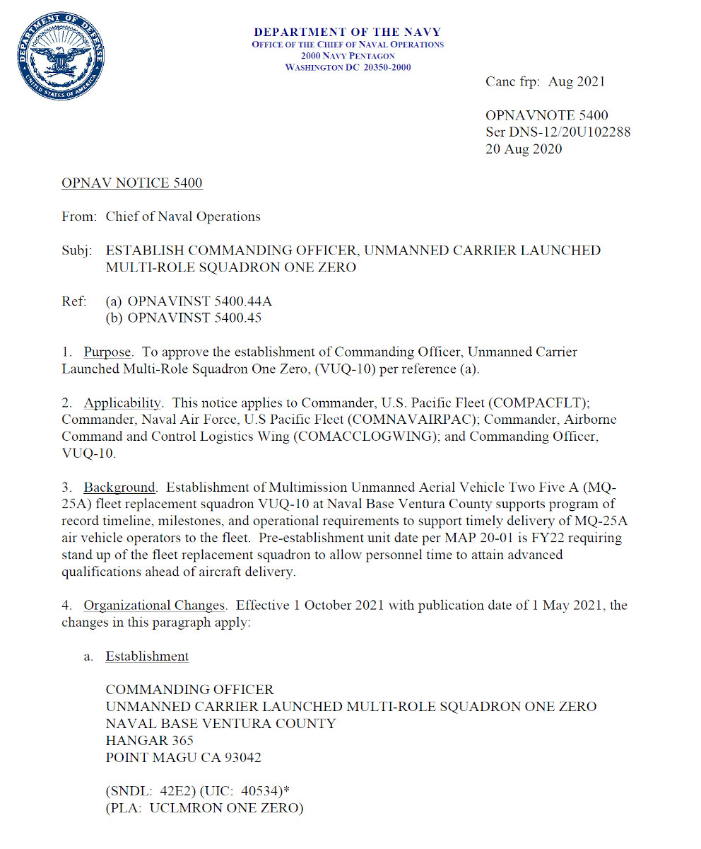 Navy Establishes First Squadron To Operate Its Carrier-Based MQ-25 ...